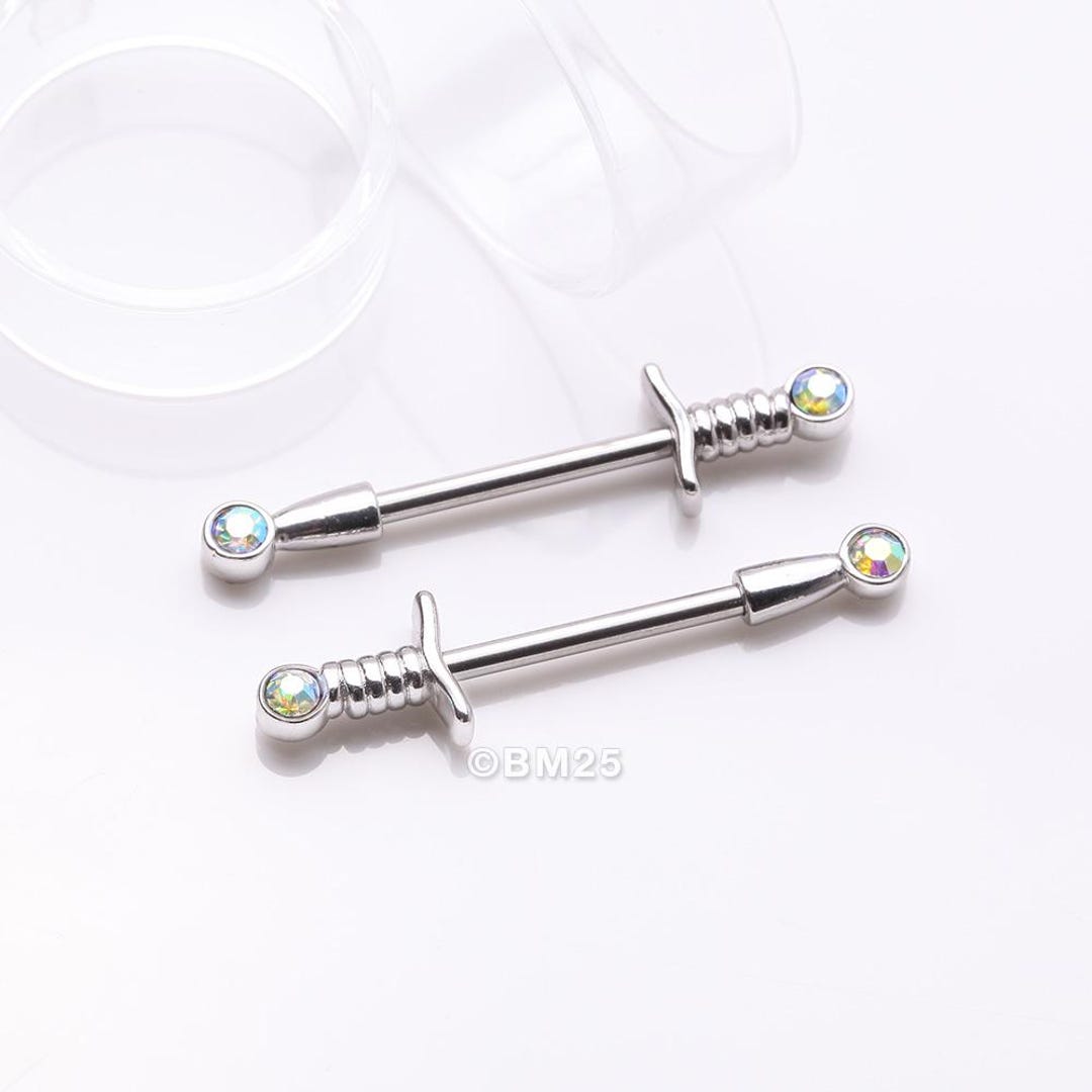 A Pair of Classic Sparkle Dagger Sword Nipple Barbell-aurora Borealis ...
