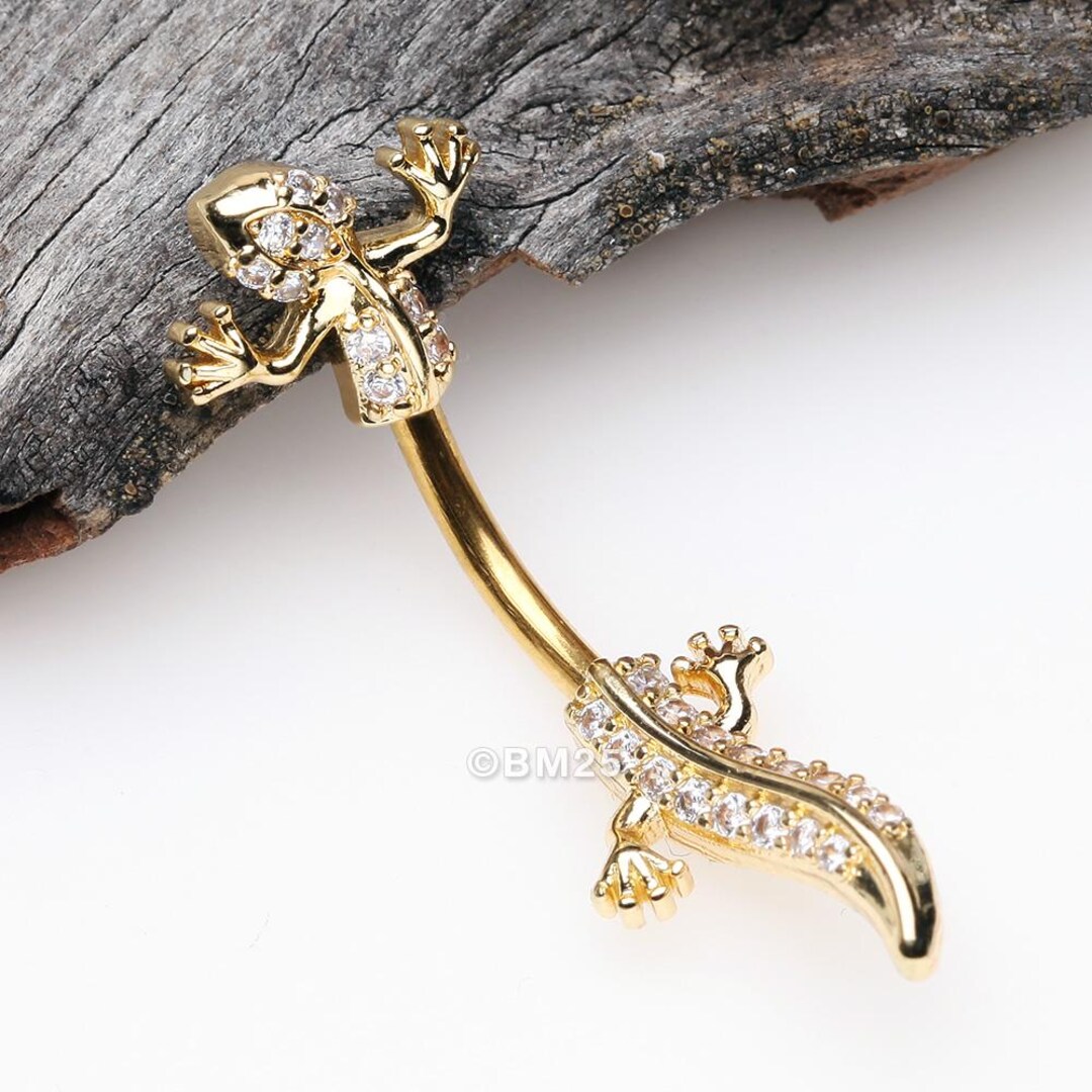 Golden Sparkle Gecko Lizard Belly Button Ring-clear Gem - Etsy