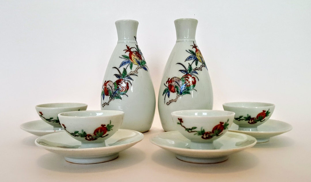 Sake Set, 2 Sake Sets, Pomegranates, Japanese Fertility Symbol, Hand ...