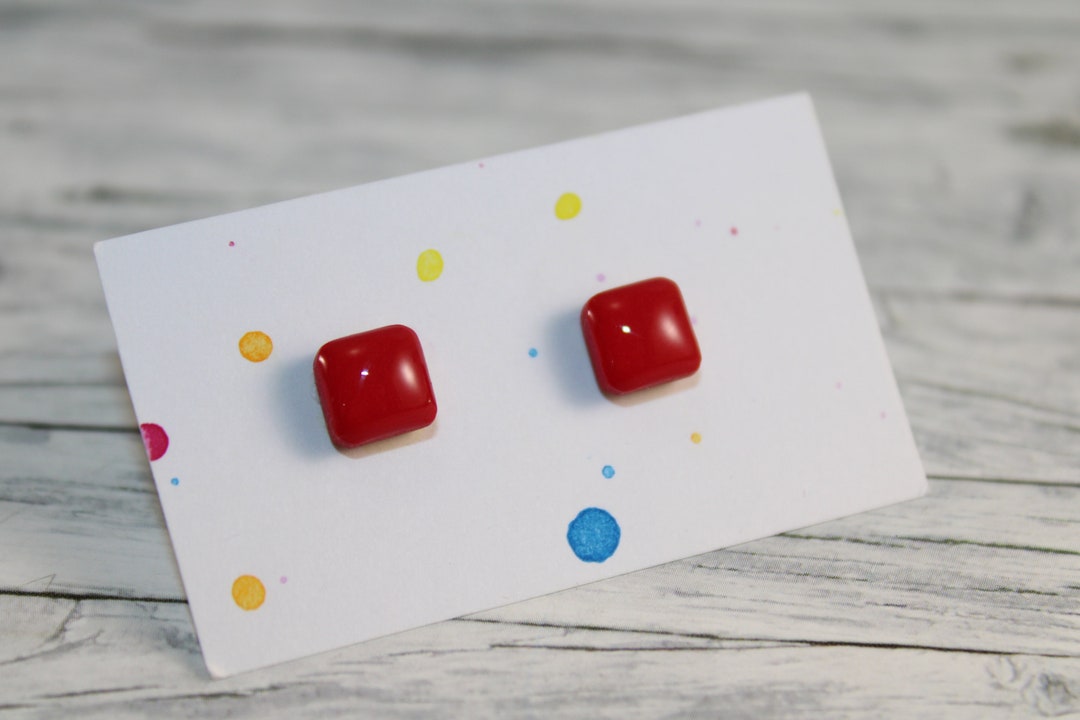 Red Square Stud Earrings, Tiny Red Square Stud Earrings, Little Red ...