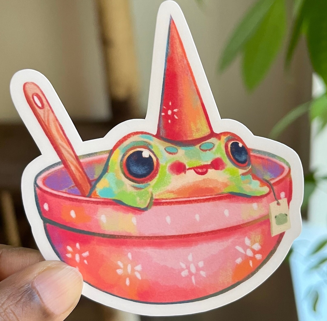Frog in a Bowl Sticker | Vinyl Waterproof Sticker | Cute Frog Sticker ...