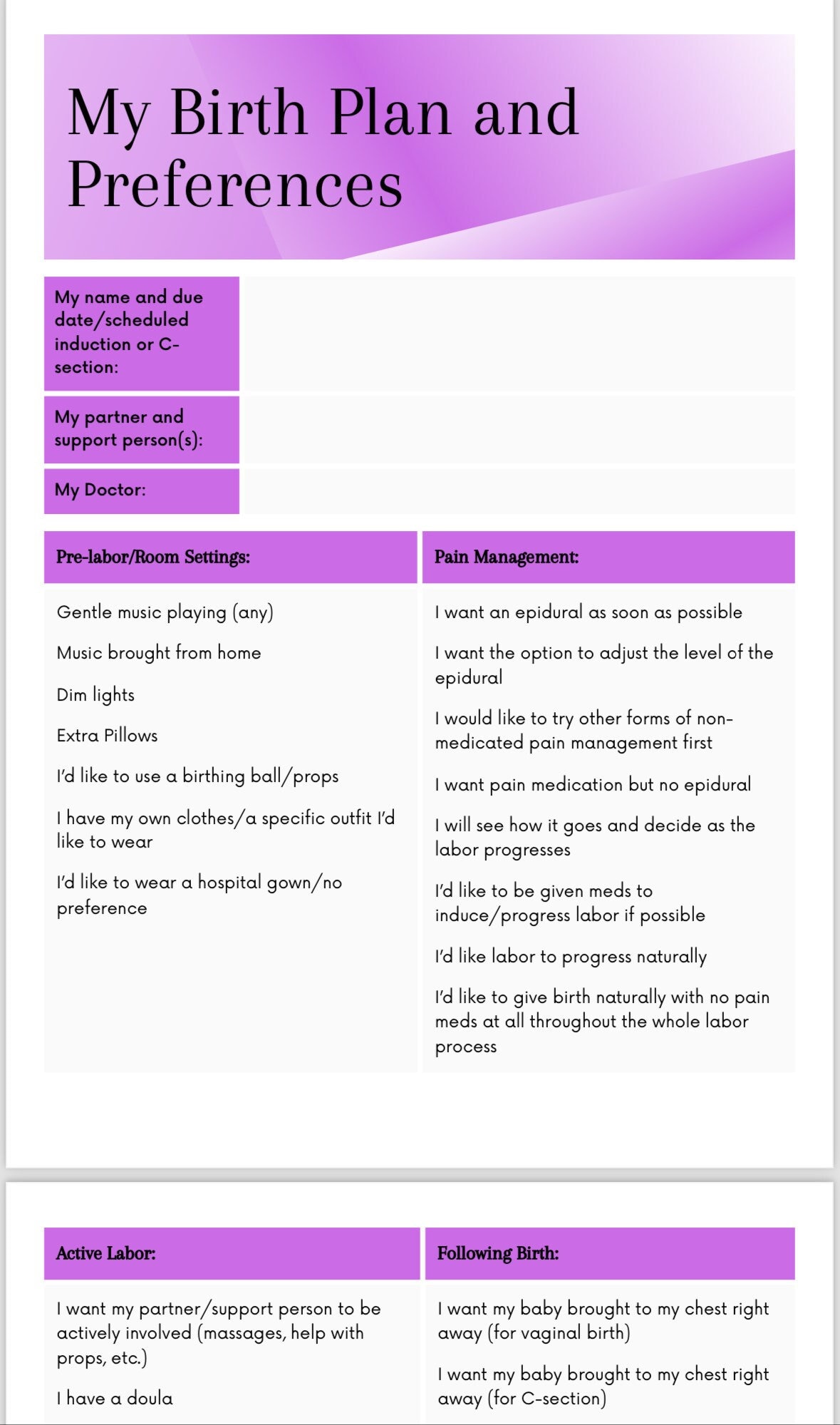 Printable Birth Plan PDF - Etsy