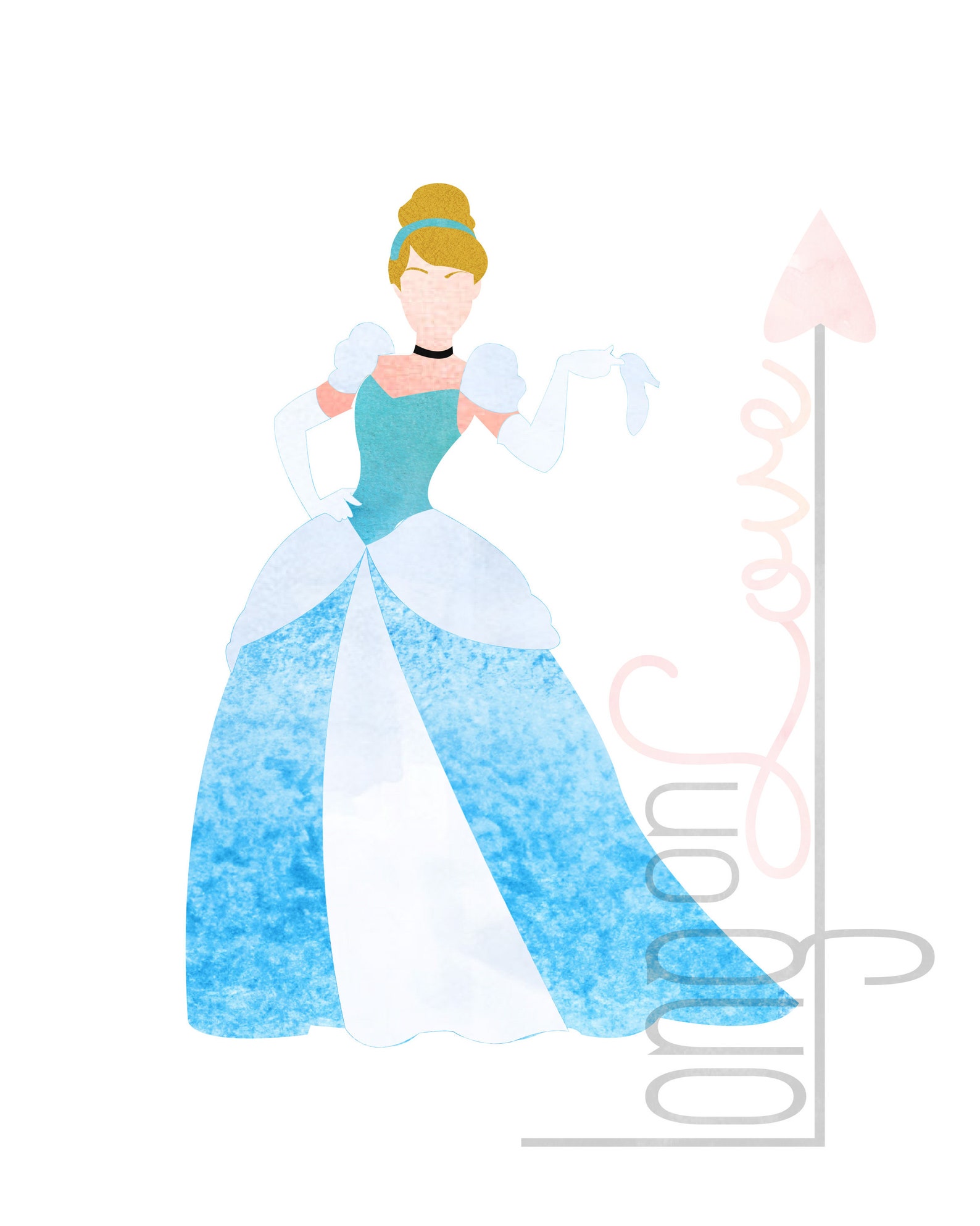 Cinderella Watercolor and Gold Foil Effects Blue Dress and Glass ...