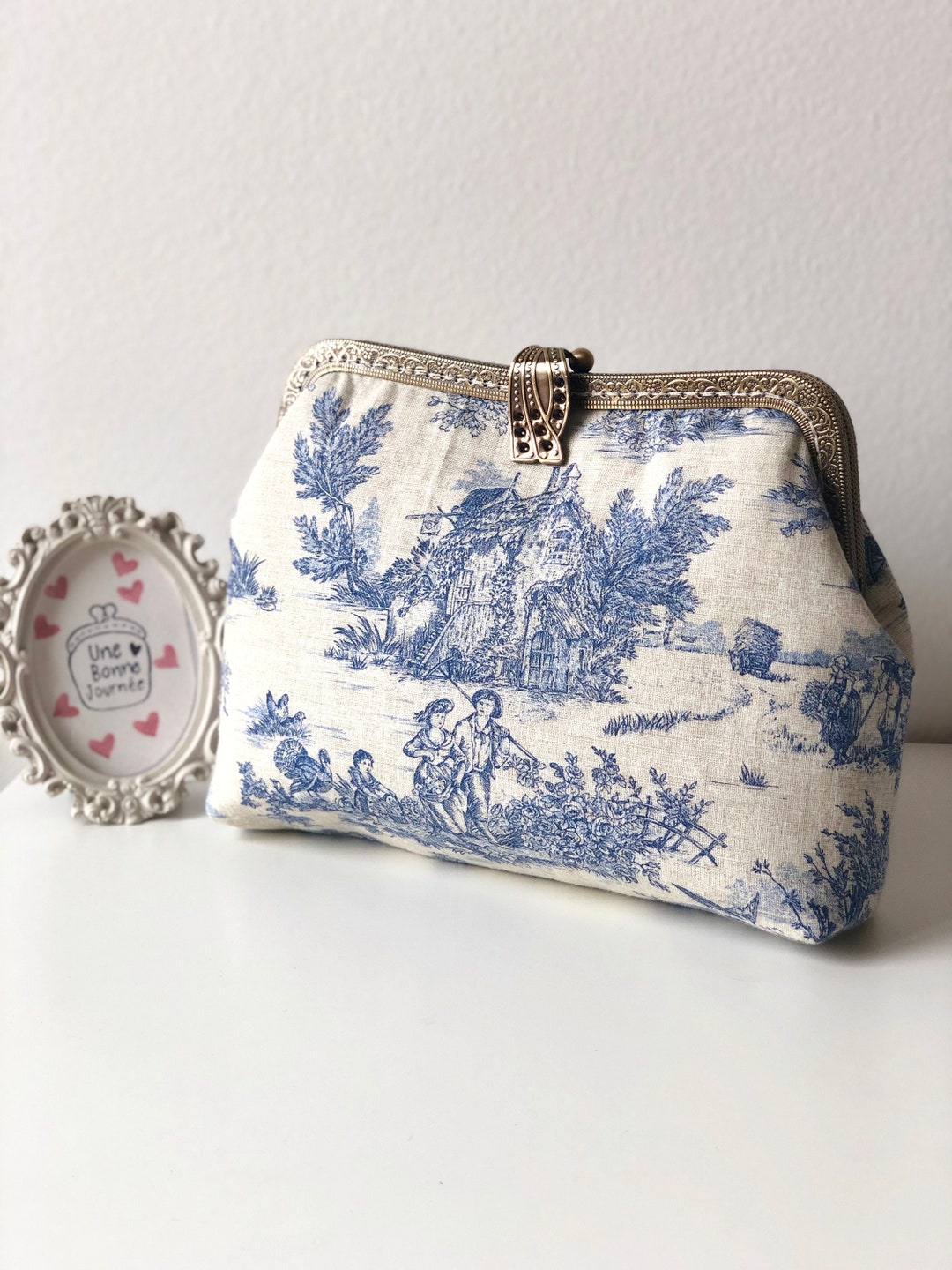 Blue Toile De Jouy French Print Frame Clutch Handbag//handmade Purse ...