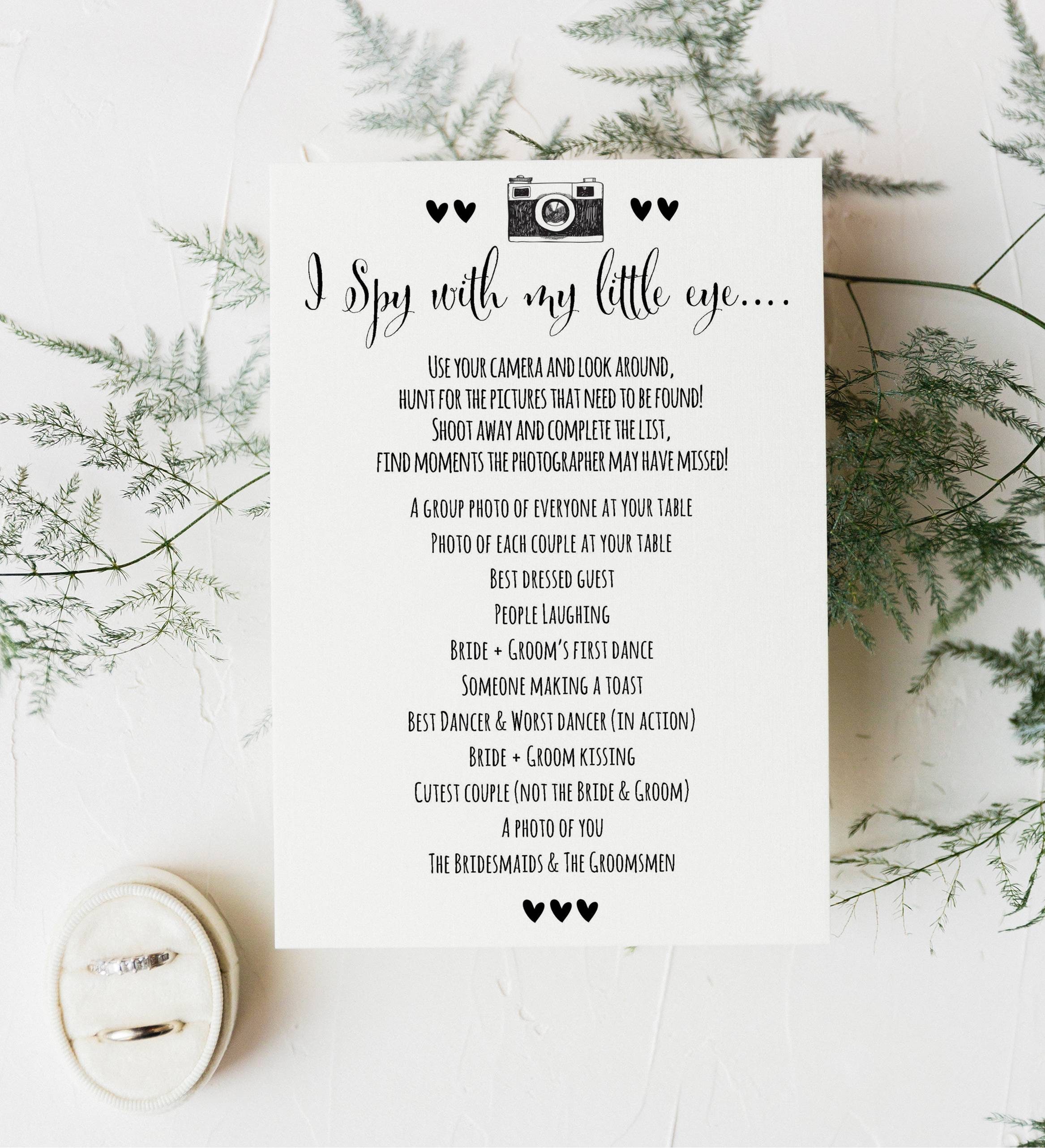 Six or Ten X A5 White Wedding Camera I Spy Sign | Etsy