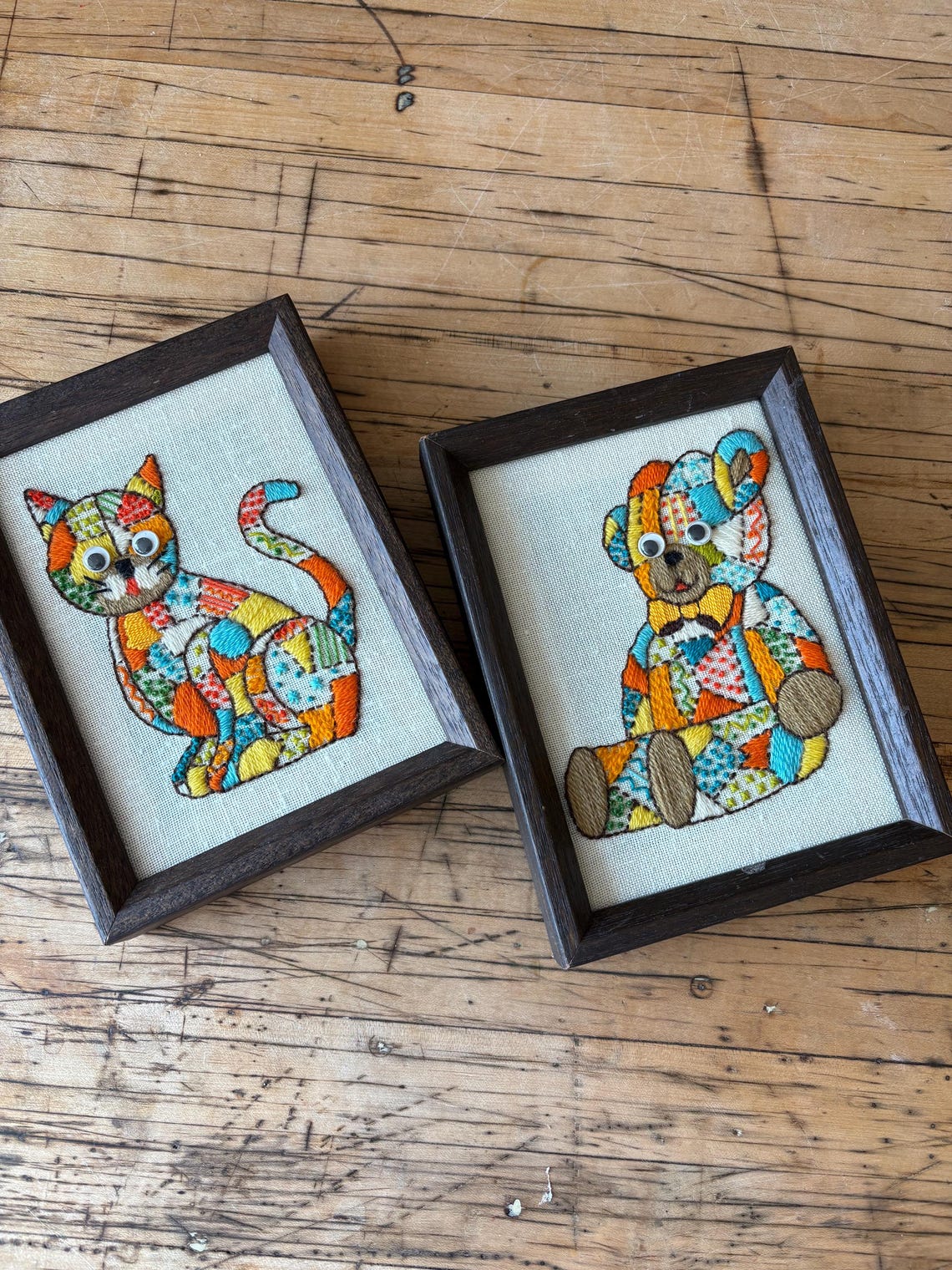 Vintage Nursery Wall Hanging, Crewel Cat and Bear Needlework - Etsy