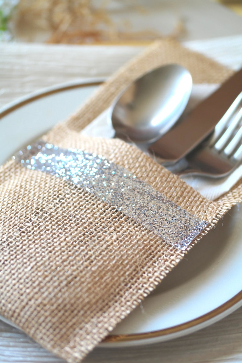 Rustic Burlap Silverware Holder Sparkly Silver Cutlery - Etsy