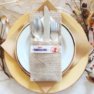 Thanksgiving Silverware Holder, Burlap Cutlery Pocket, Rustic Utensil Holder, Thanksgiving Table ...