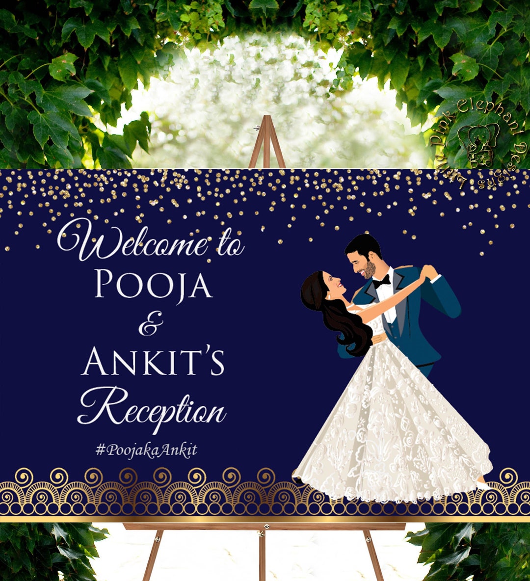 Modern Indian Wedding Welcome Sign With Custom Portrait of Couple ...