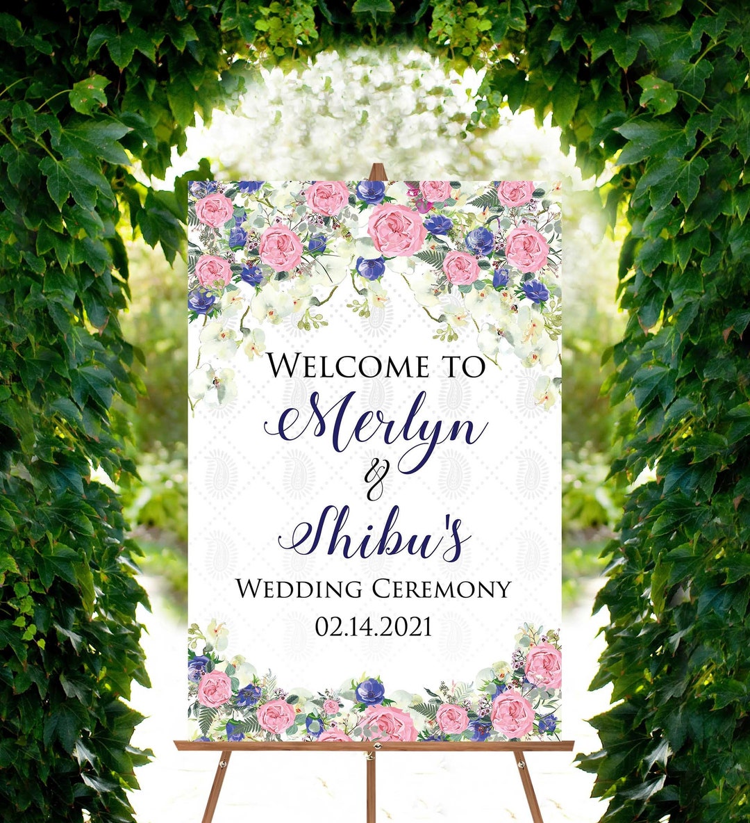 Floral Wedding Signs in Orchids Wedding Welcome Signages, Pink Blue ...