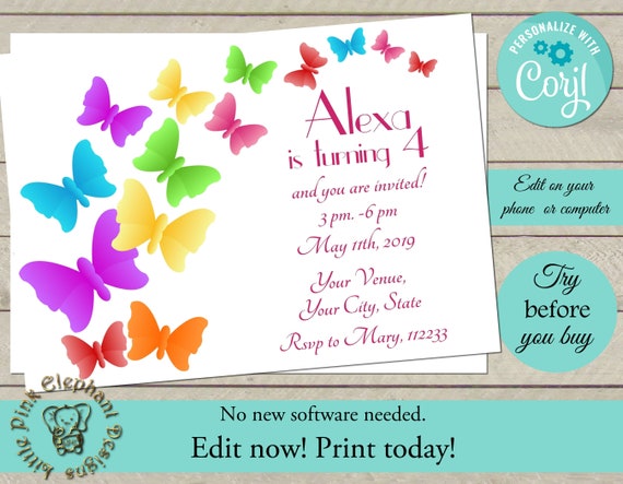 Butterfly Invitation Template as Instant Download Birthday - Etsy