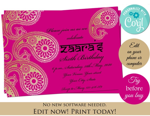 Indian Birthday Invitations as India Theme Invites Bollywood - Etsy