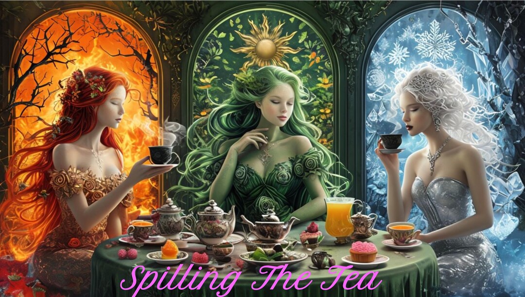 Elemental Goddesses Tea Party Art Print Tumbler Cup Fire, Earth, and Ice Fantasy Decor, Spilling ...