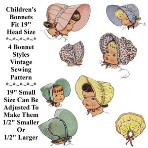 19" Children's Bonnets Sewing Pattern, 4 Styles, Vintage Pattern Fits ...