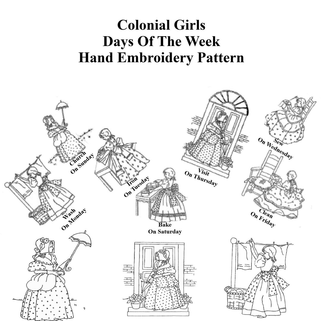 Colonial Girls Days of the Week Hand Embroidery Pattern, Vintage ...