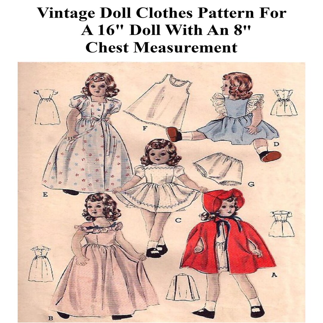 16" Doll Clothes Pattern, Dresses, Housecoat, Cape, Bonnet, Pinafore ...