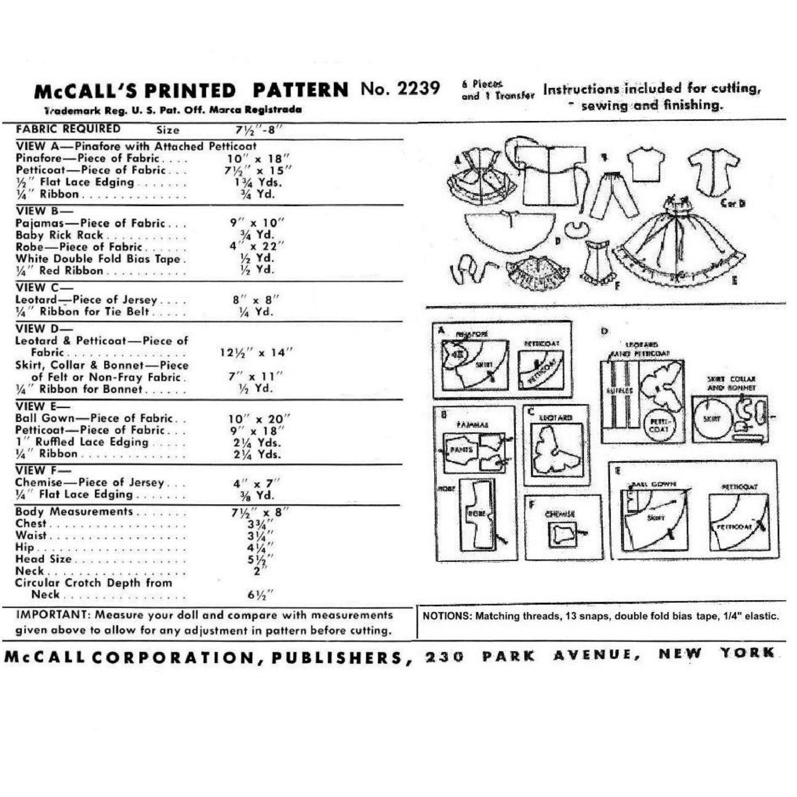 7-1/2 8 Doll Clothes Pattern Mccall's 2239 | Etsy