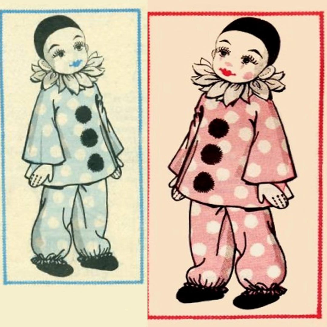 20" Pierrot Doll & Doll Clothes Vintage Sewing Pattern With A Happy ...