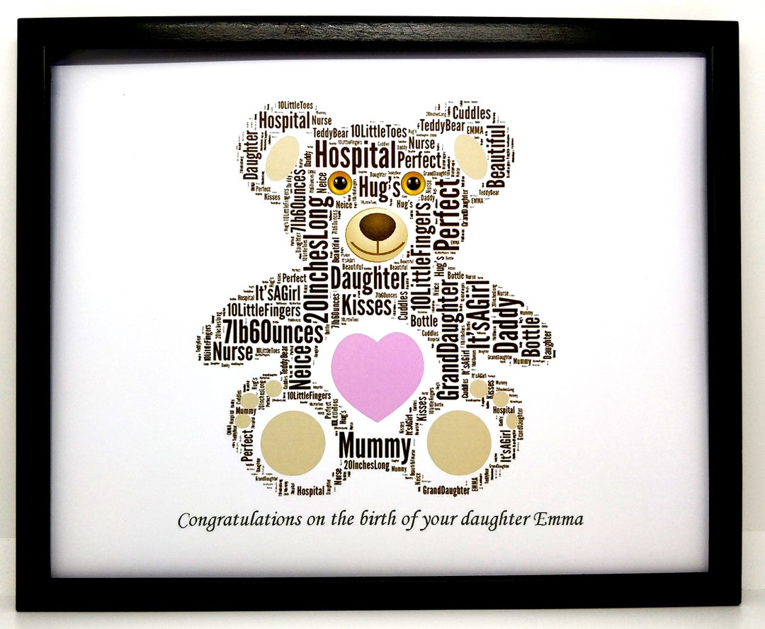 New Personalised Birth of Baby Teddy Word Art, Baby Boy or Girl Design ...