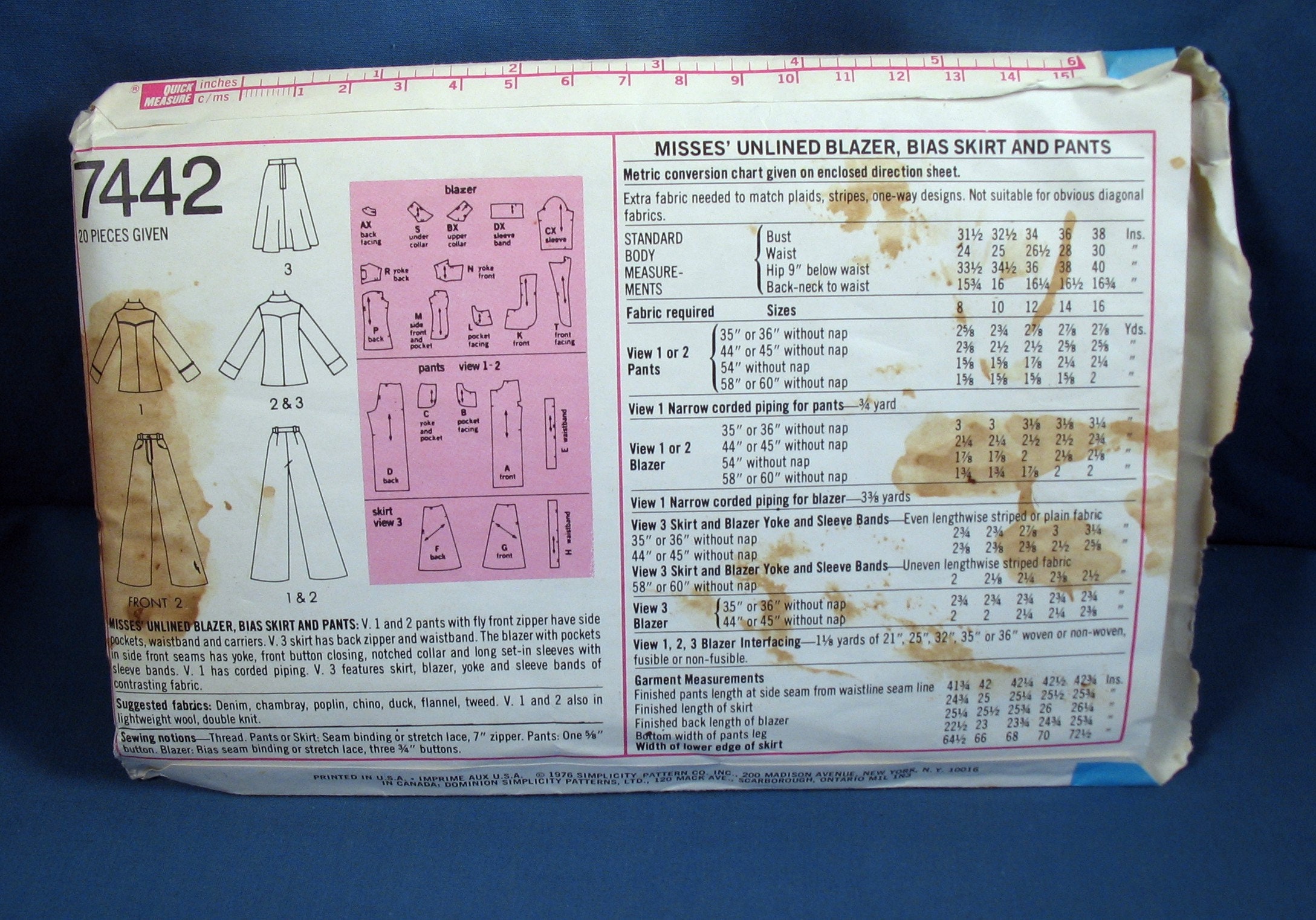 Vintage Simplicity Sewing Pattern 7442 Misses Jacket, Skirt and Pants ...