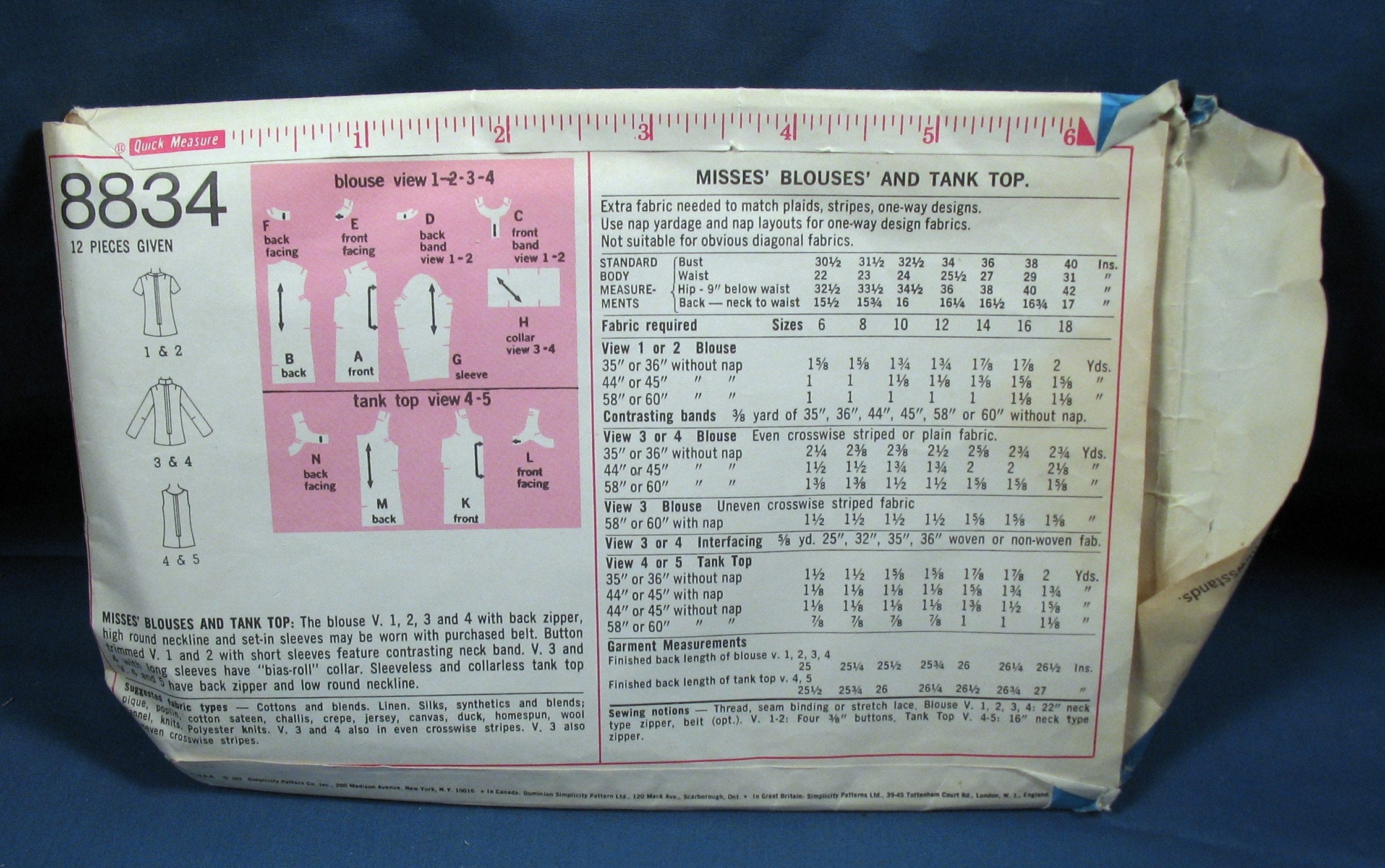 Vintage Simplicity Pattern 8834 Misses Blouses and Tank Top Misses Size ...