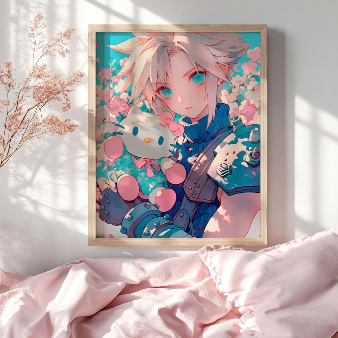 Kawaii Cloud Strife Poster / Final Fantasy 7 Art Print / Hello Kitty ...