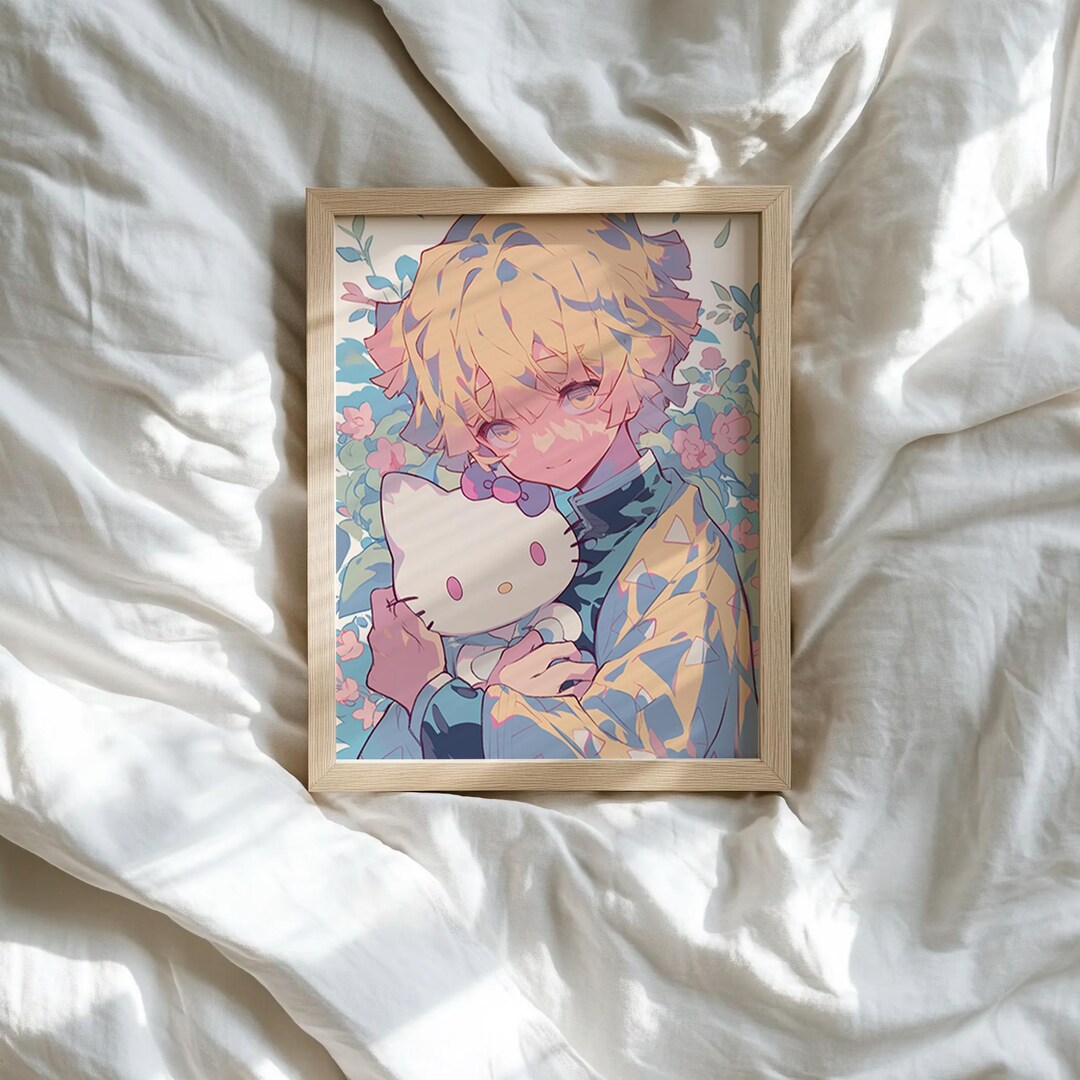Kawaii Zenitsu Agatsuma Hello Kitty Print / Demon Slayer Wall Art ...