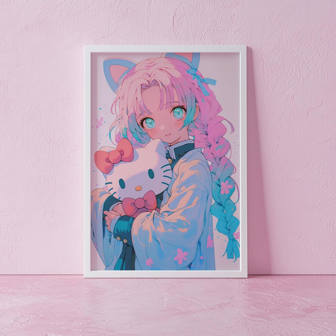 Kawaii Mitsuri Kanroji Poster / Demon Slayer Art Print / Hello Kitty ...
