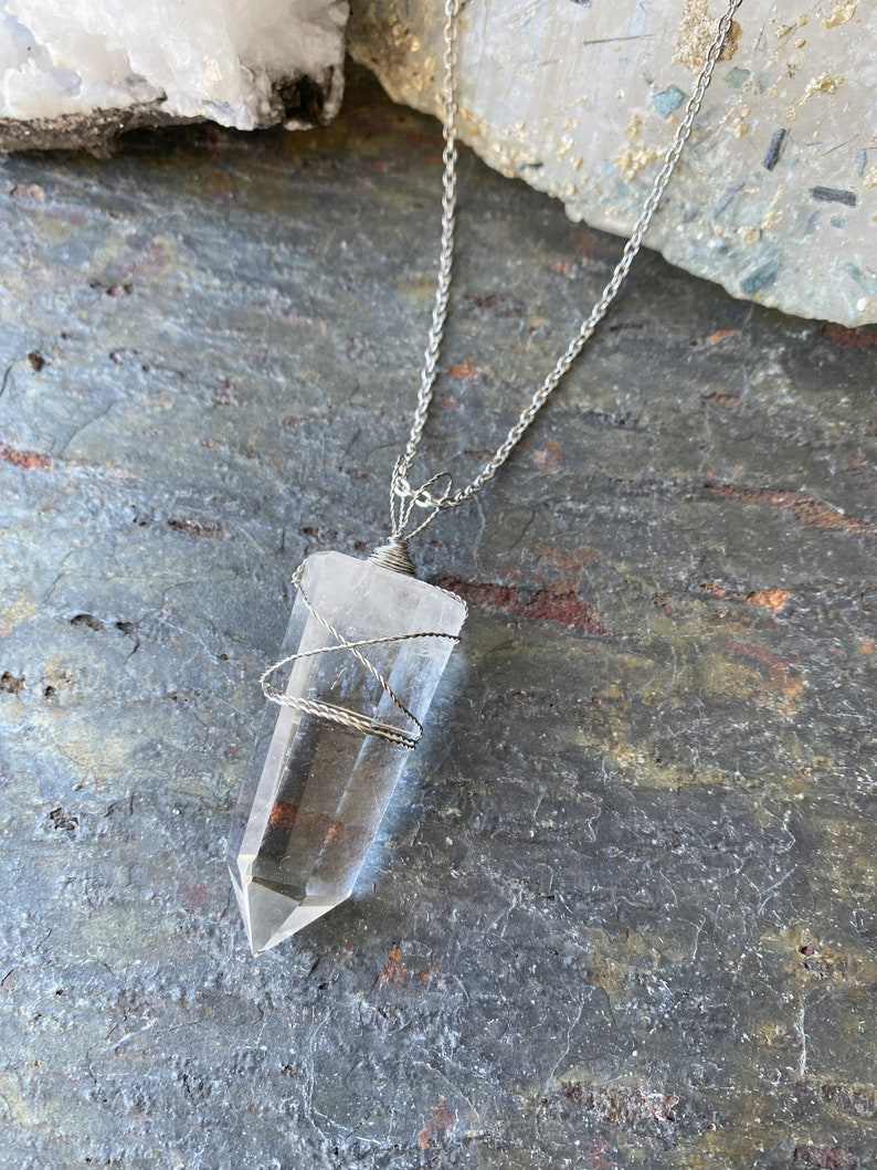 Clear Quartz Crystal Point Pendant - Stainless Steel Wire Wrapped ...