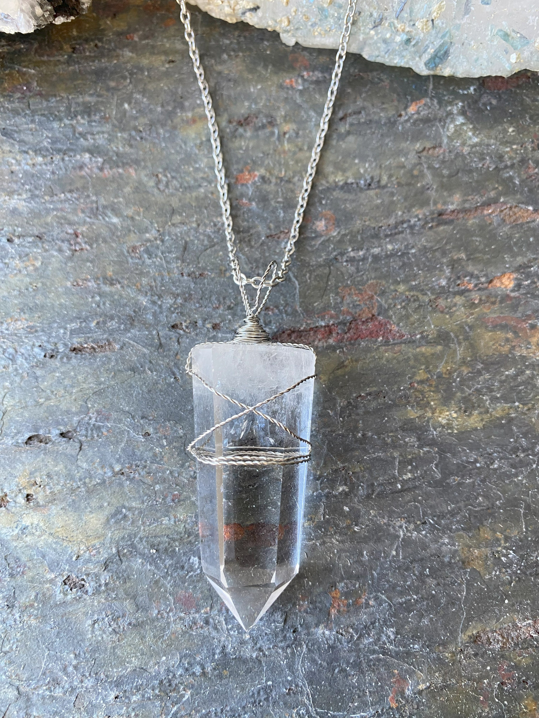 Clear Quartz Crystal Point Pendant - Stainless Steel Wire Wrapped ...
