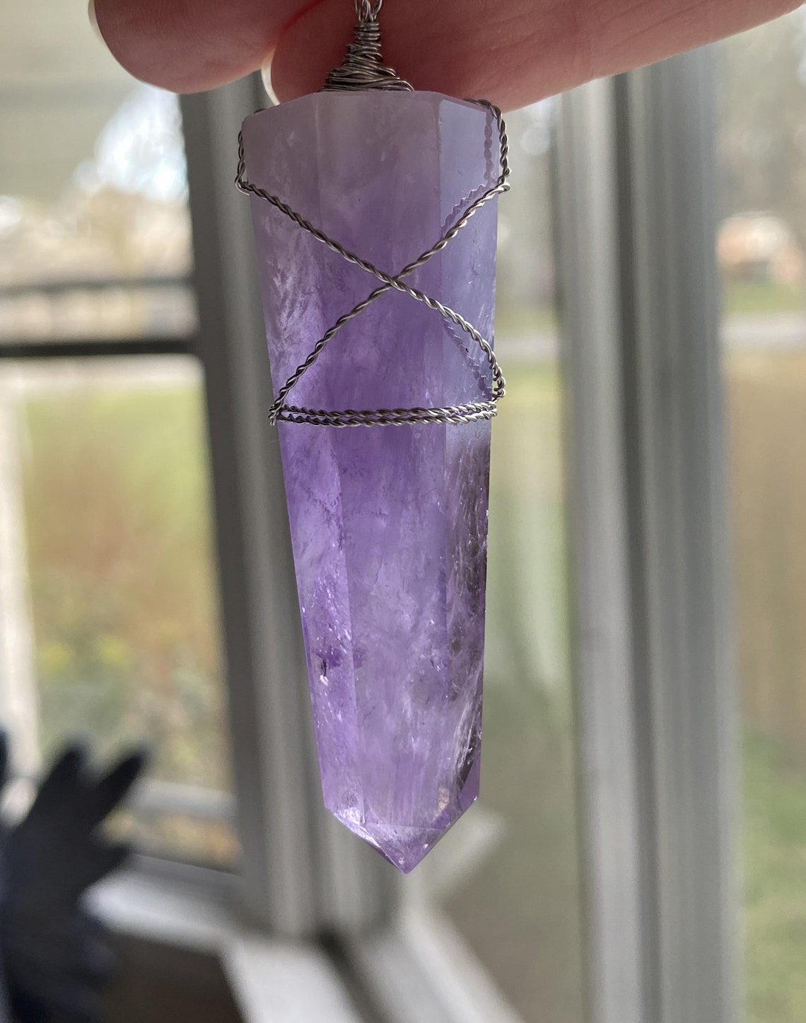 Amethyst Crystal Point Pendant - Stainless Steel Wire Wrapped Pendant ...