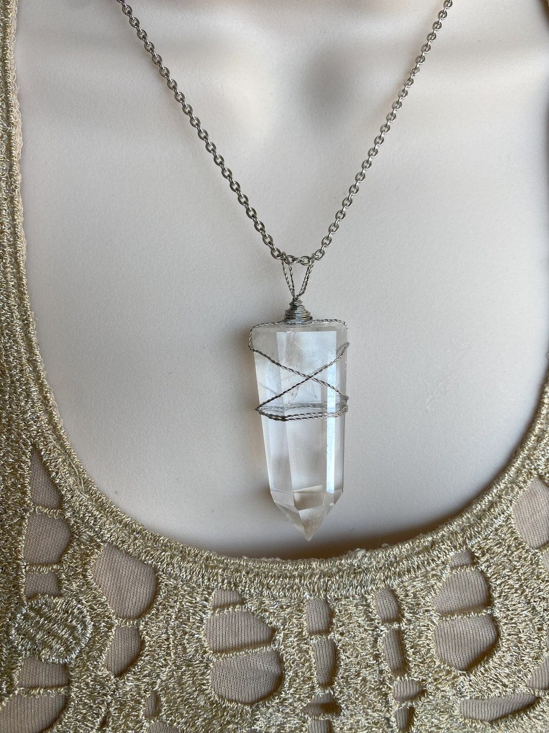 Clear Quartz Crystal Point Pendant - Stainless Steel Wire Wrapped ...