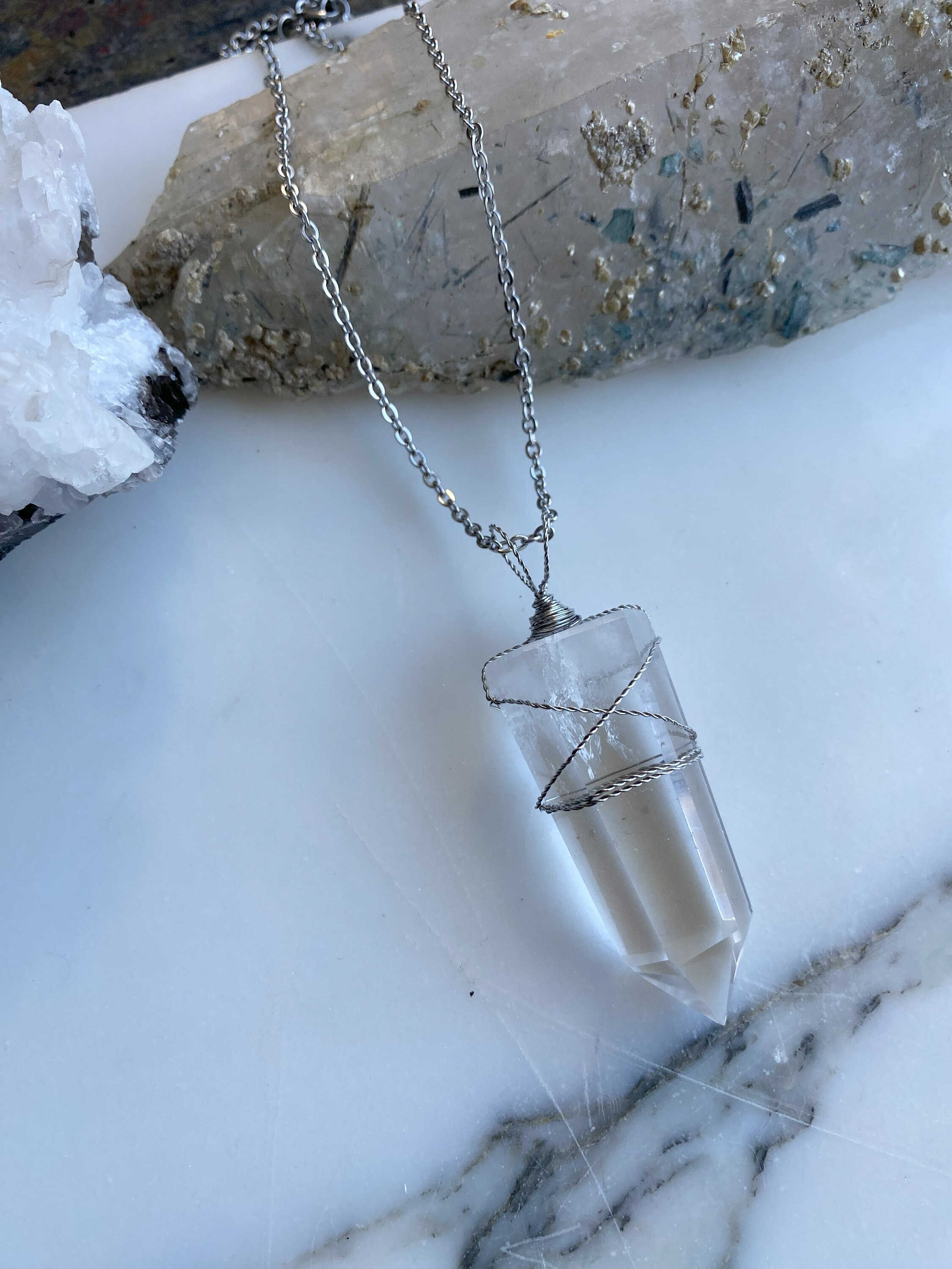 Clear Quartz Crystal Point Pendant - Stainless Steel Wire Wrapped ...