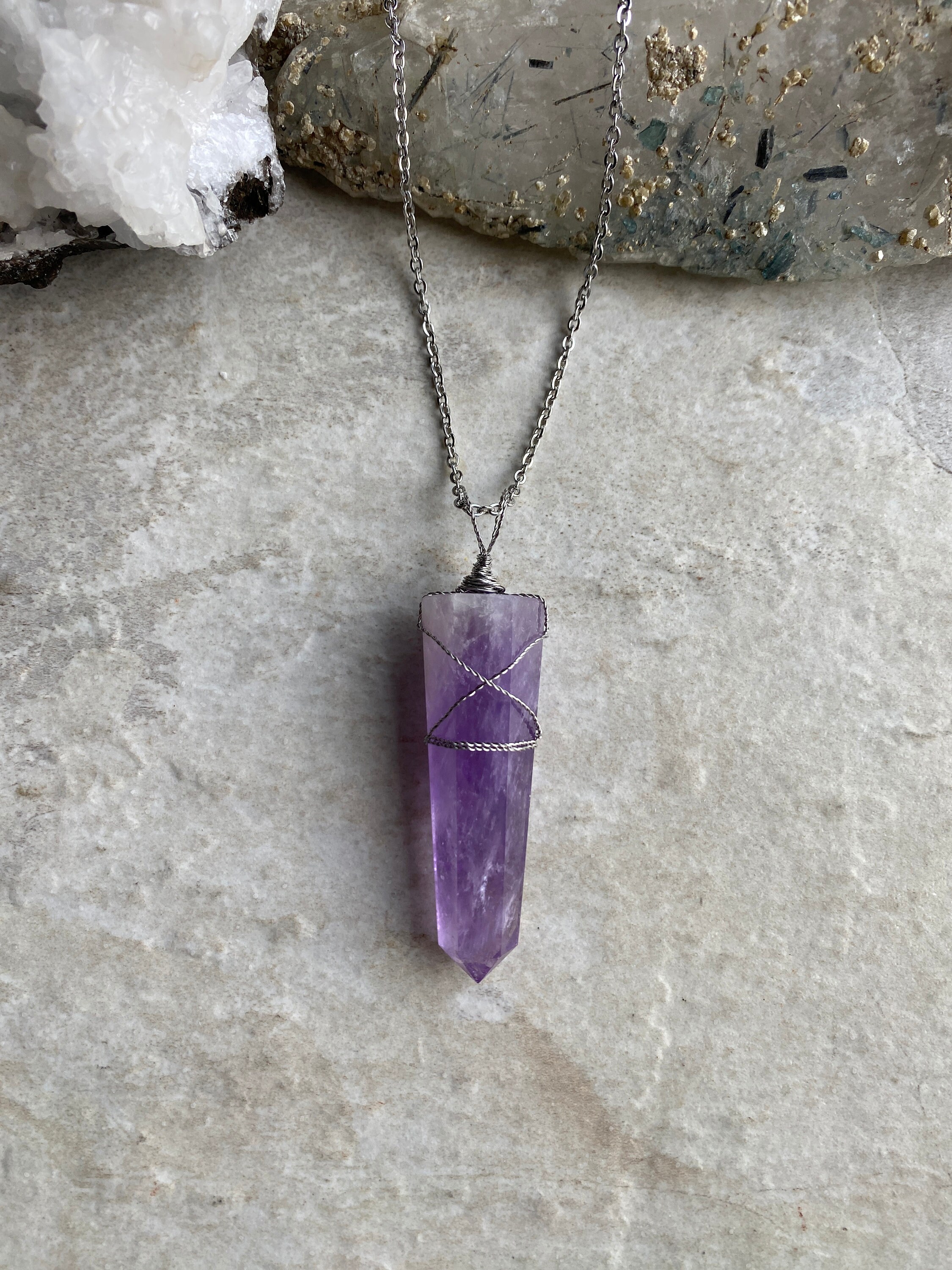 Amethyst Crystal Point Pendant - Stainless Steel Wire Wrapped Pendant ...