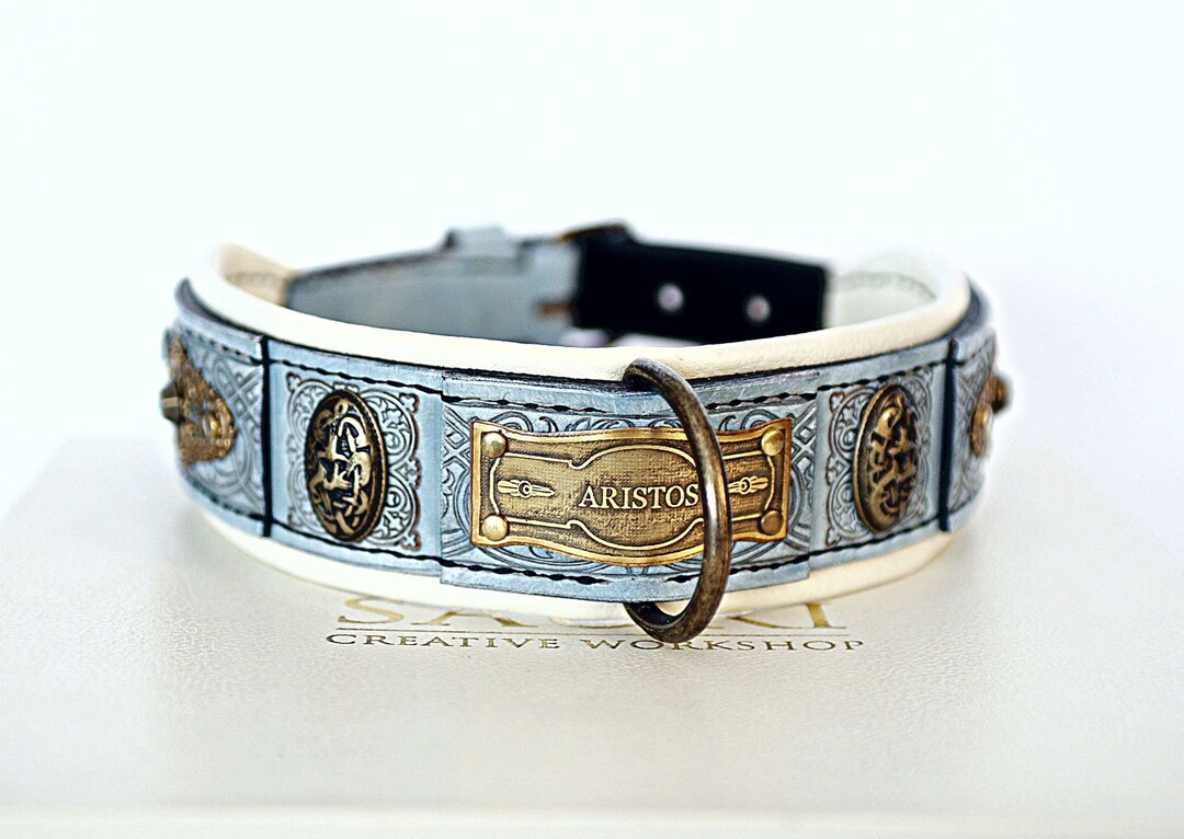 Blue Leather Dog Collar, VALKYRIE, Shield Maiden Collar, Brass ...
