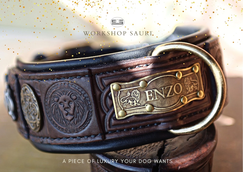 Personalized Leather Dog Collar, Lion & Wolf Design, Large Breed - Etsy