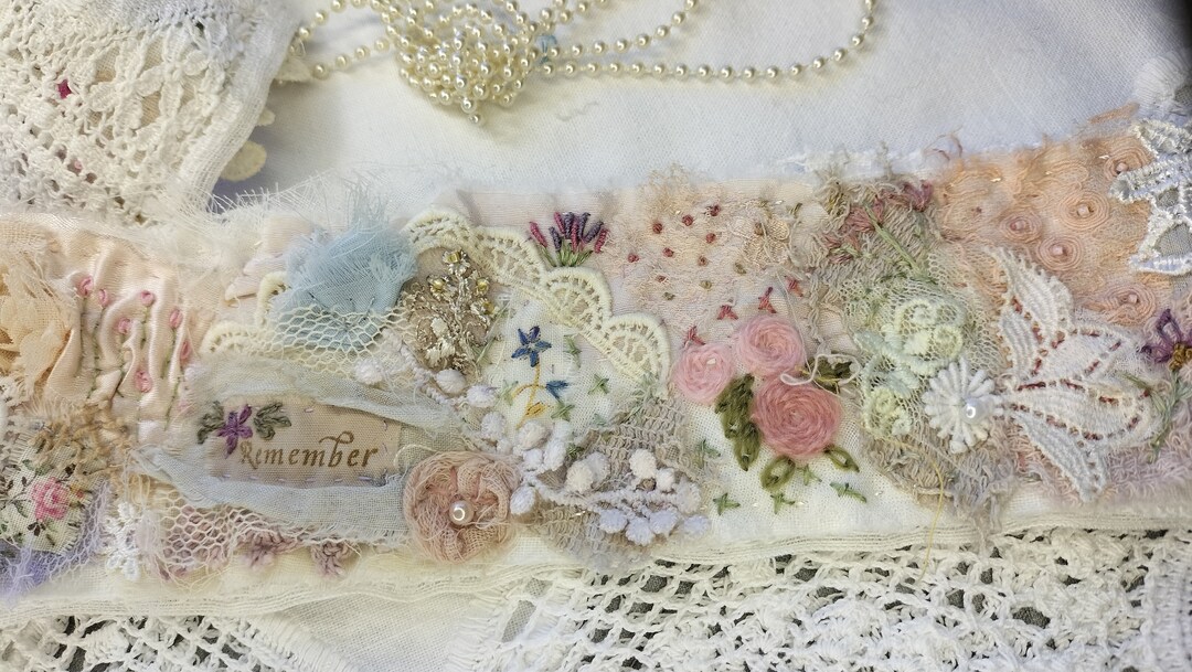 Handstitched Fabric Snippet Roll With Pouch, Snippet Roll, Embellished Snippet Roll, Lace ...