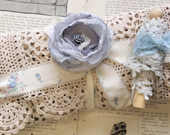Blue, Ecru and White Lace Bundle, Lace Doily and Flower Lot, Lace ...