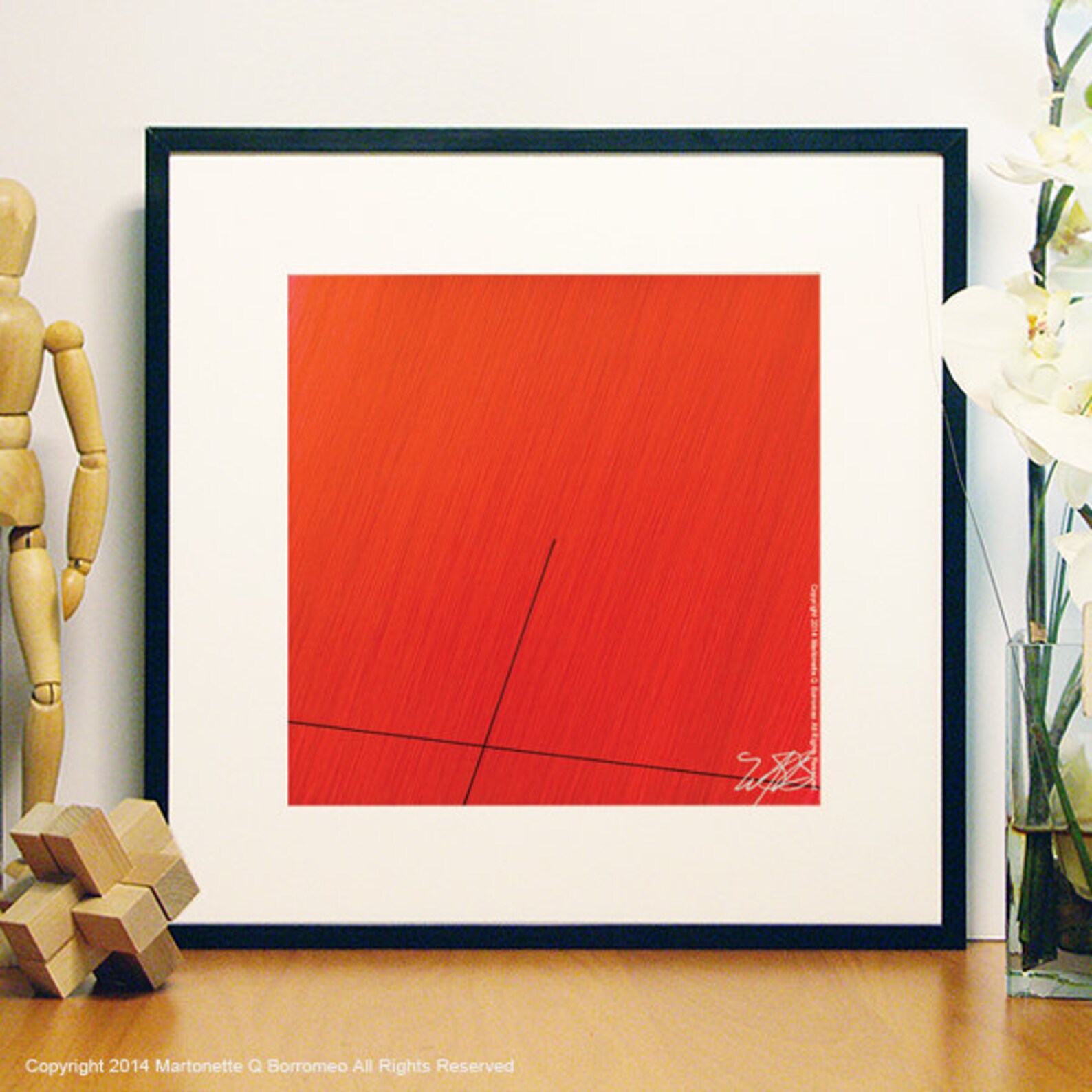 Red Lines Minimalist, Contemporary Black Diagonal Line, Pen Ink Drawing ...