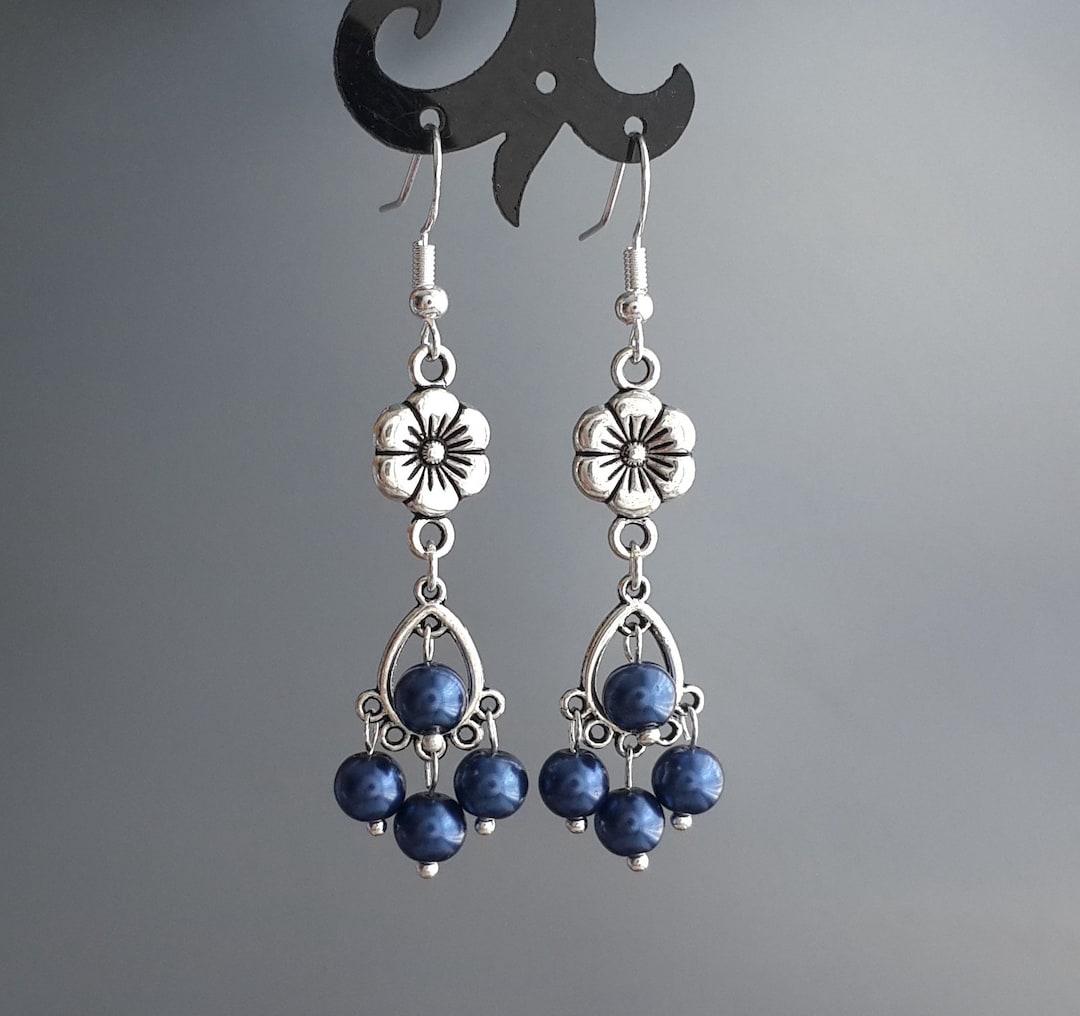 Long Dark Blue Earrings Silver Blue Drop Earrings Flower Jewelry for ...