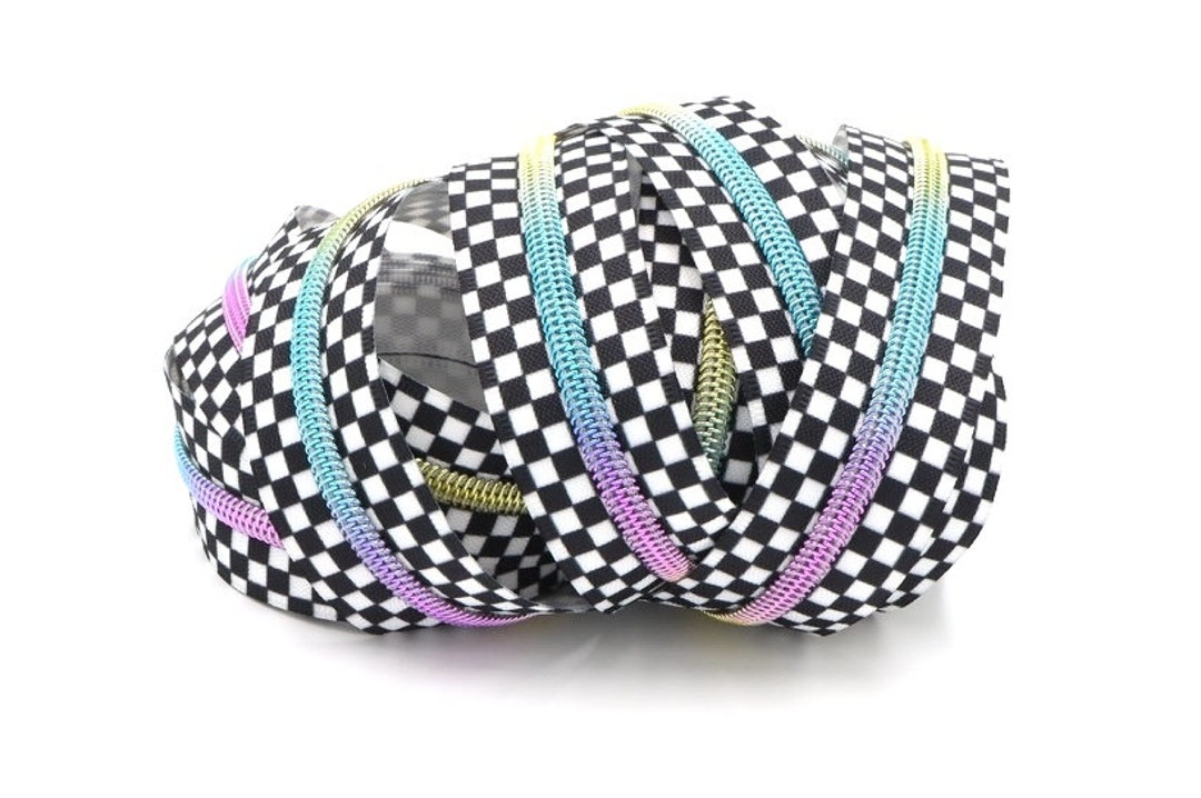 Black and White Checkerboard #5 Zipper Tape With Rainbow Teeth With ...