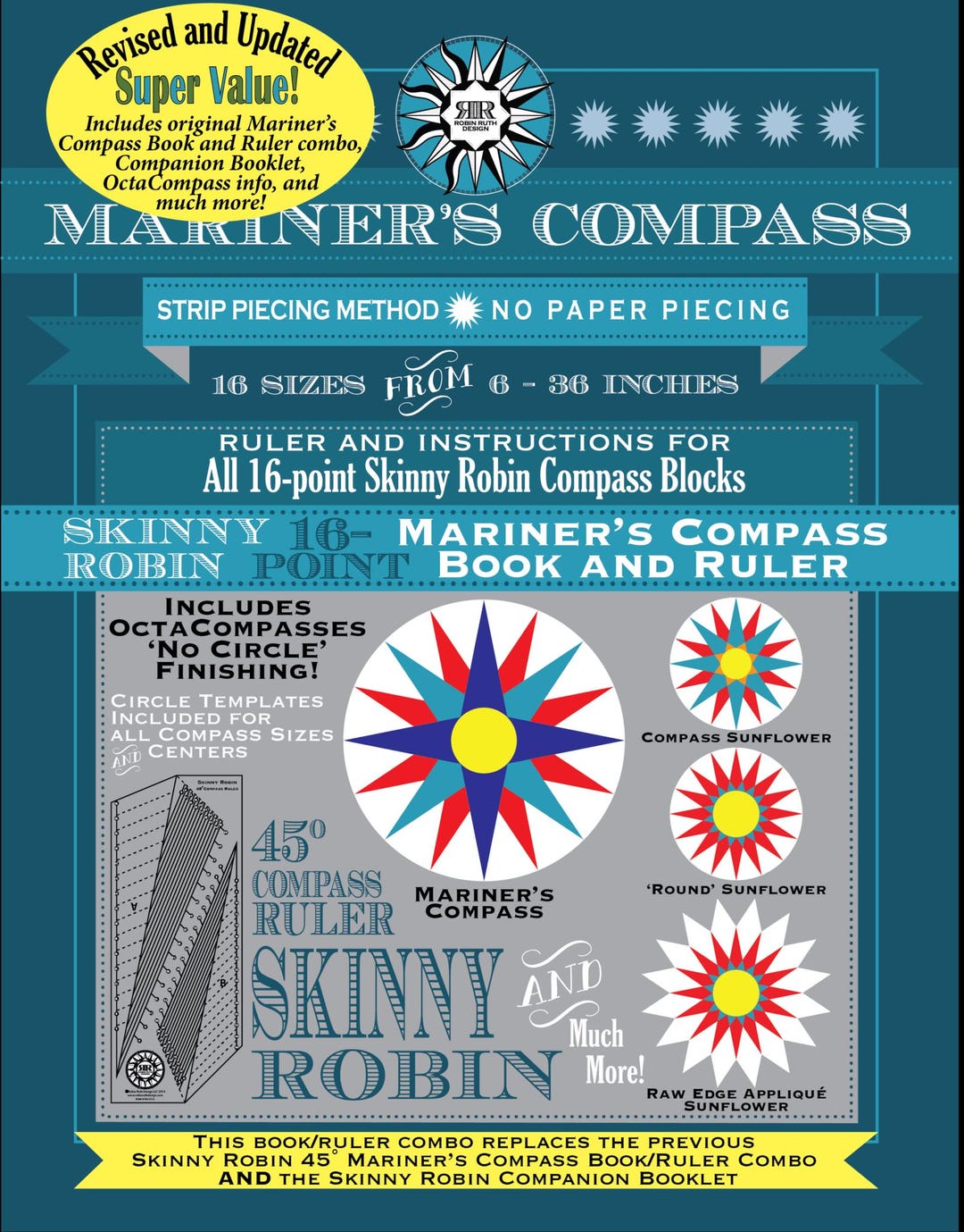 Robin Ruth Skinny Robin 16-point Mariner's Compass Book and Ruler Combo ...