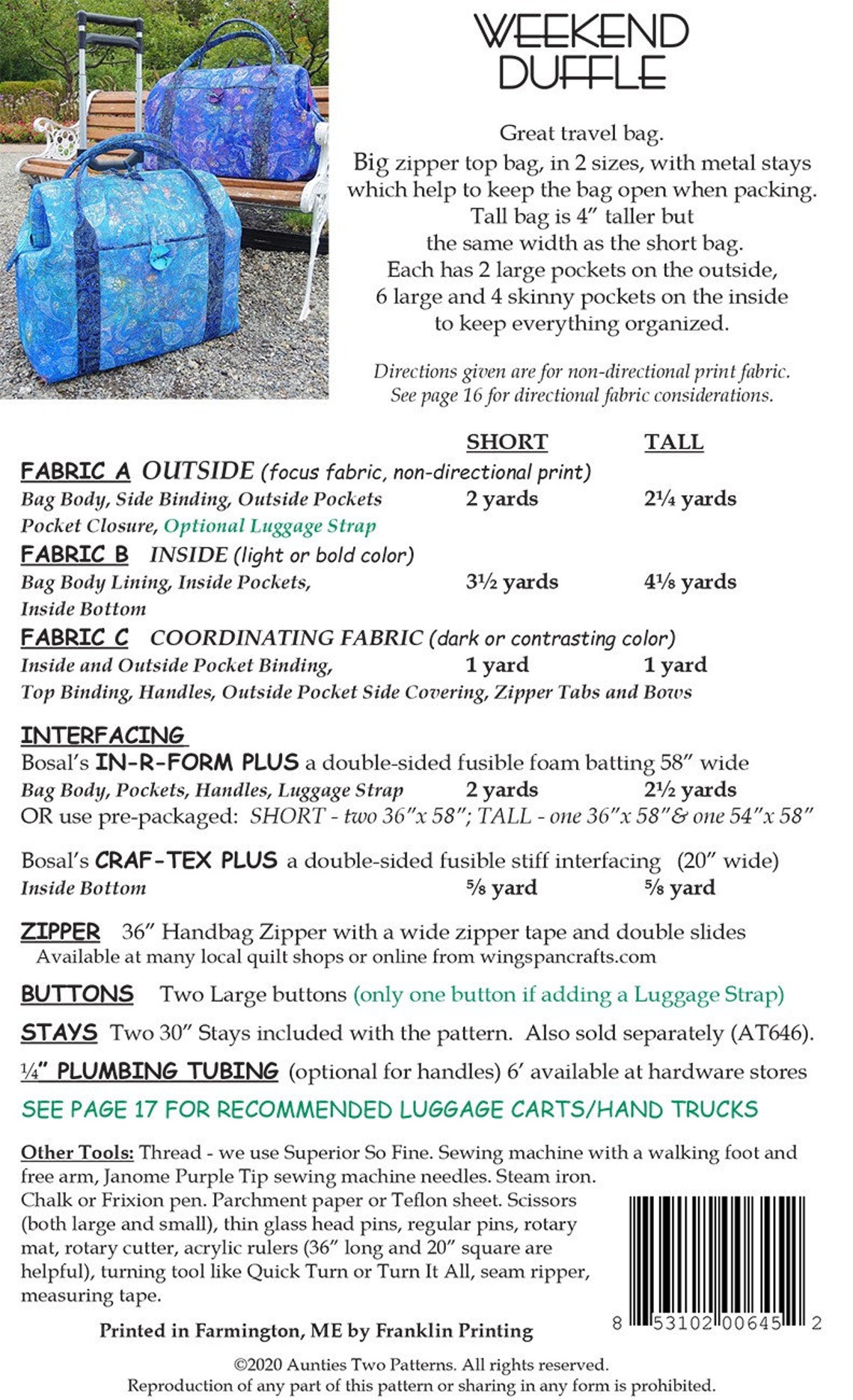 Aunties Two Weekend Duffle Pattern With 2 Stays - Etsy