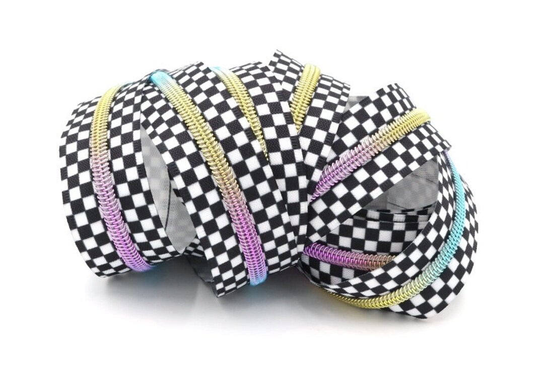 Black and White Checkerboard #5 Zipper Tape With Rainbow Teeth With ...