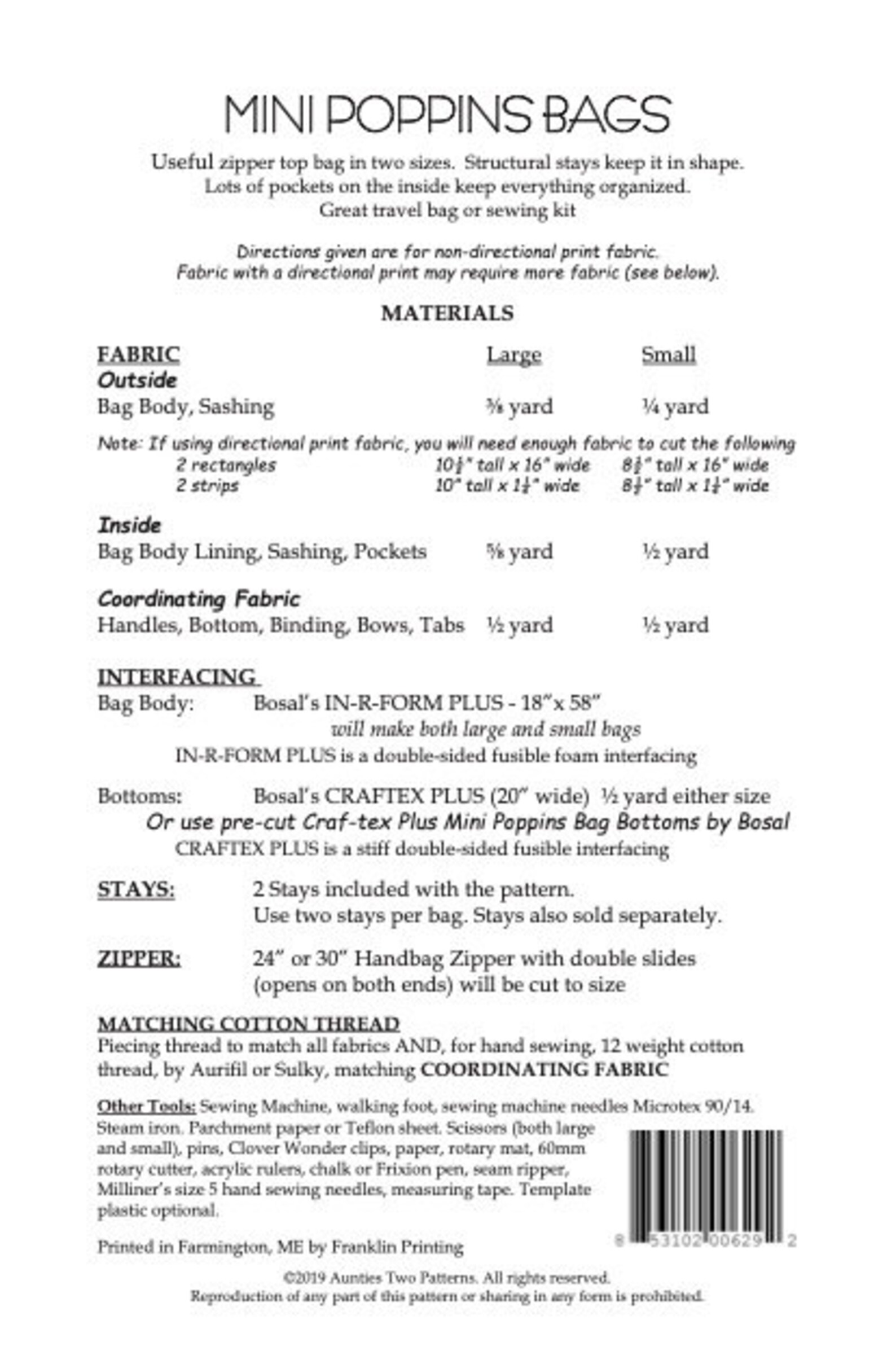 Aunties Two Mini Poppins Bag Pattern With Stays - Etsy UK