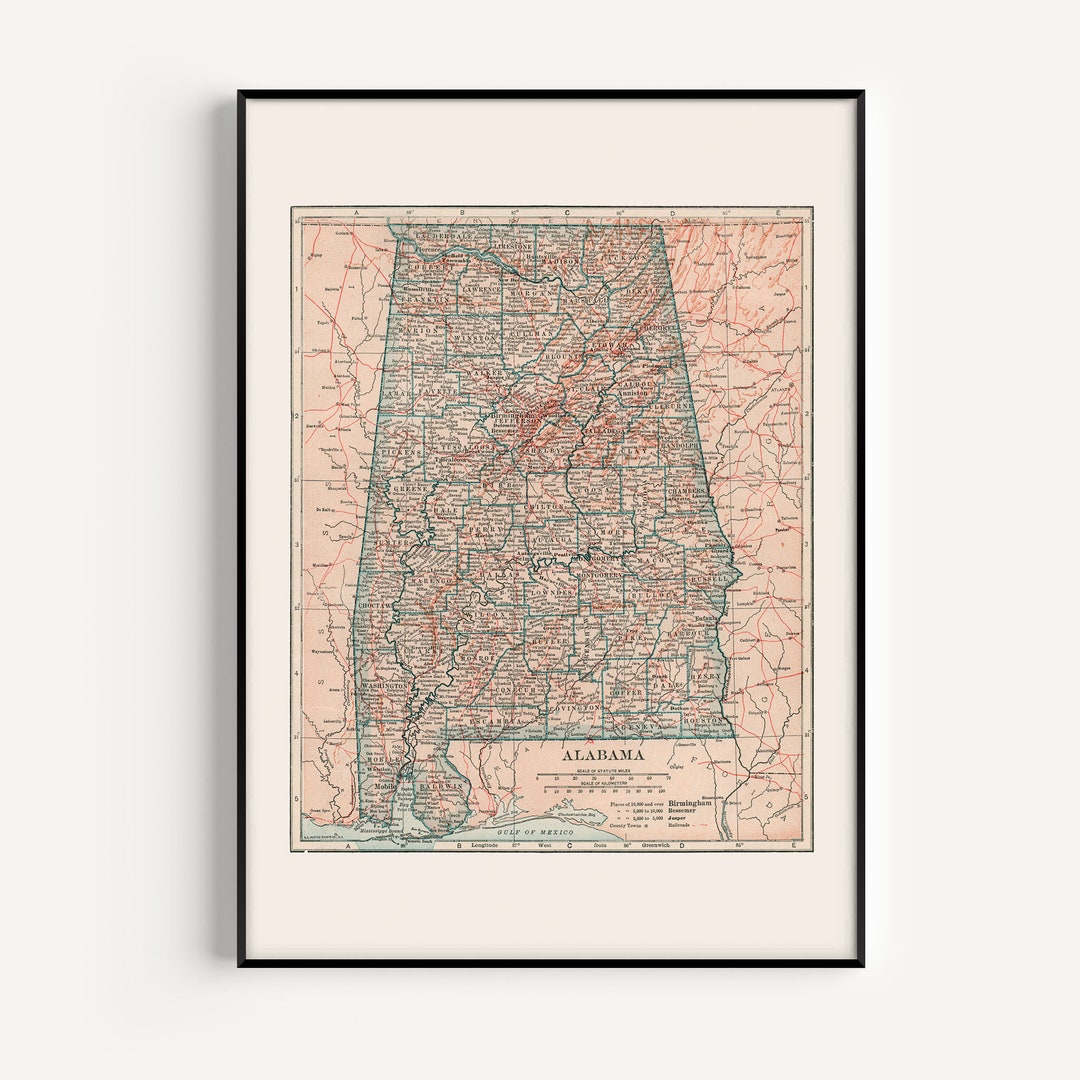 OLD ALABAMA MAP, Vintage Map of Alabama, Retro Map Wall Art, Gifts for ...