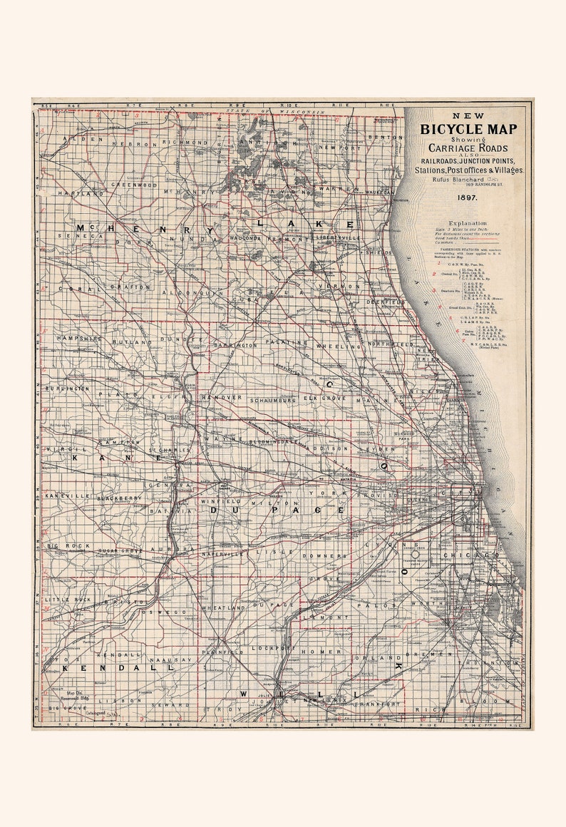 1892 BICYCLE MAP of CHICAGO Retro Map of Wisconsin Bicycle - Etsy