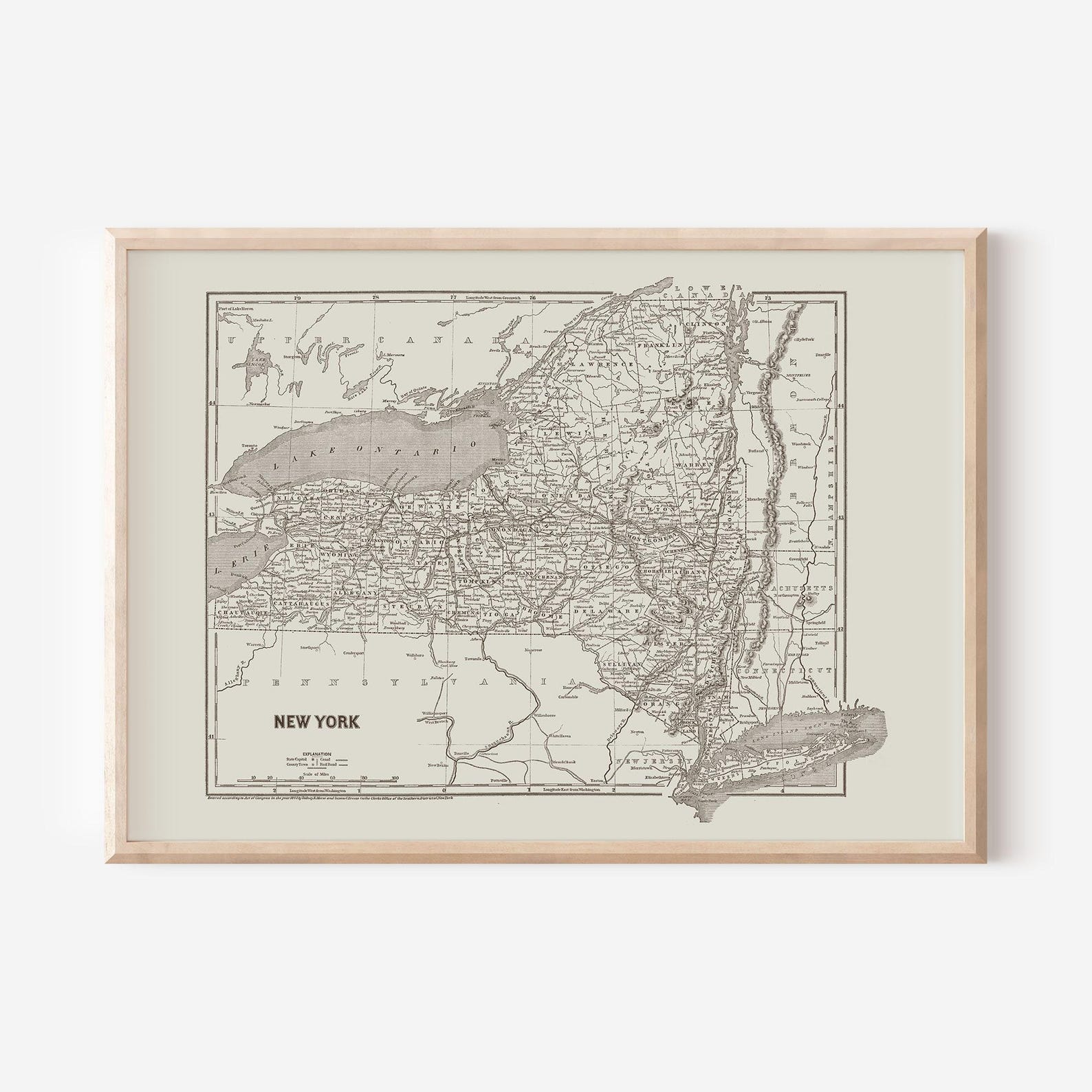 NEW YORK STATE Vintage Map, Antique Map of New York State, Professional ...