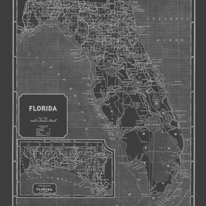 FLORIDA MAP, Blueprint Map of Florida, Vintage Map, Office Wall Art ...