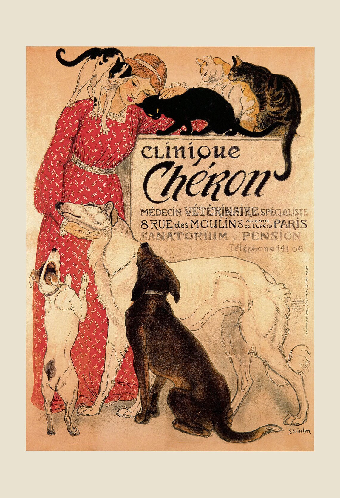 JUGENDSTIL POSTER, Paris Kunst Poster, Haustier Mama, Fine Art Print ...